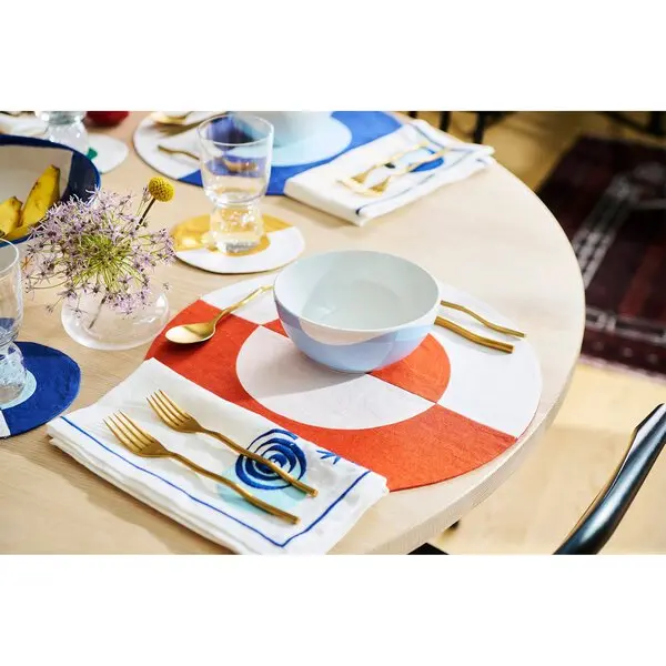 MISETTE Bauhaus Embroidered Linen Round Placemats, Set Of 4 - Red