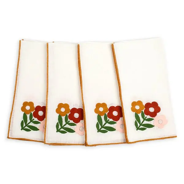 MISETTE Floral Embroidered Linen Napkins, Set Of 4 - Amber