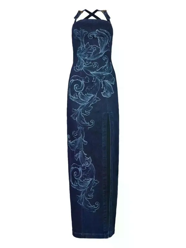 Versace Baroque-embellished Denim Dress - Blue