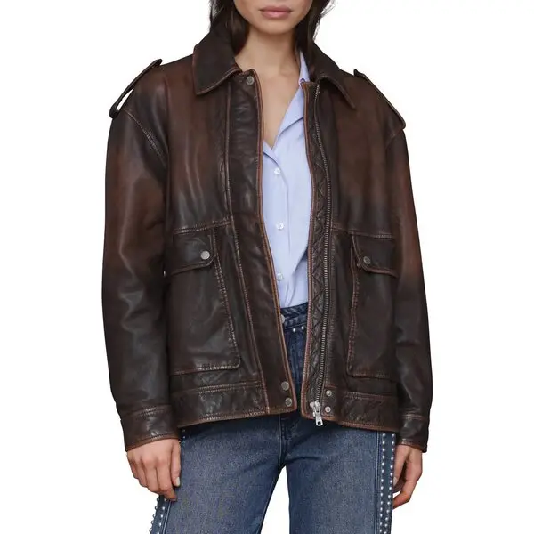 Avec Les Filles Leather Bomber Jacket - Burnished Brown