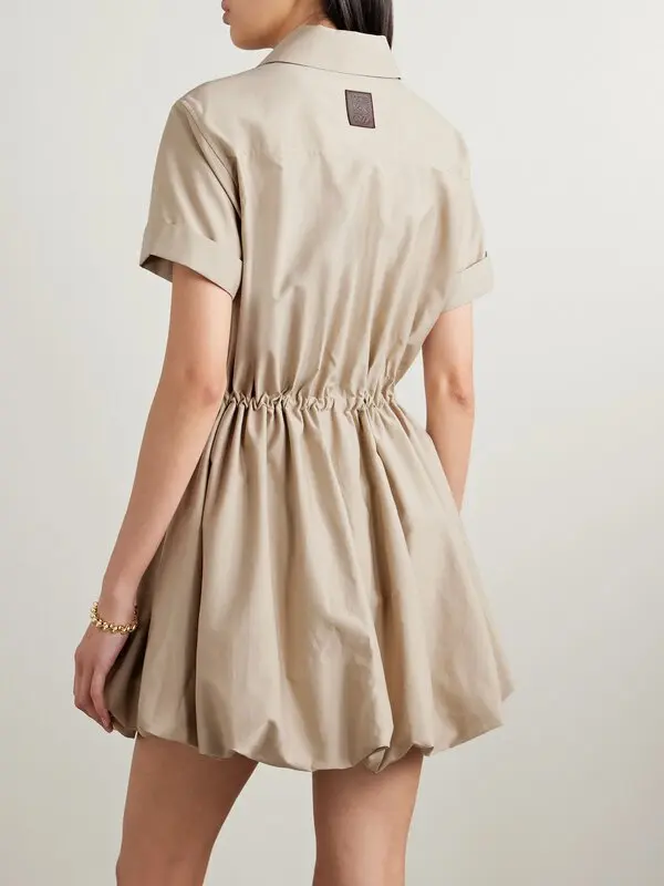 Loewe Leather-trimmed Gathered Mini Shirt Dress - Neutrals