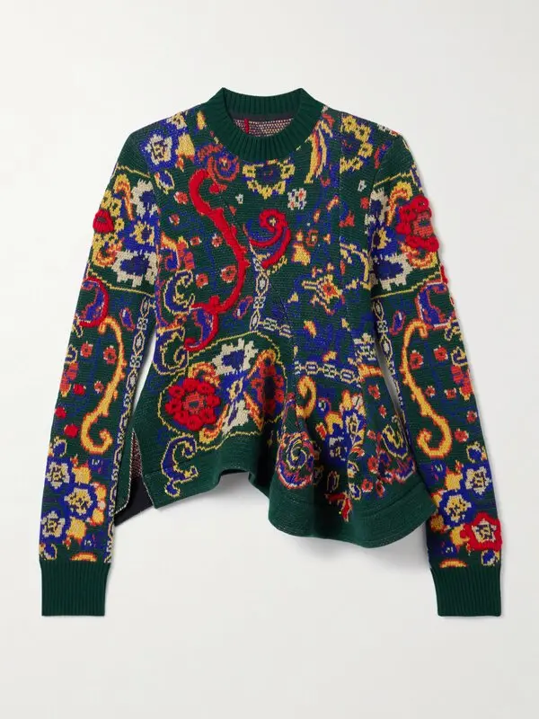 Sacai Draped Embroidered Jacquard-knit Wool Sweater