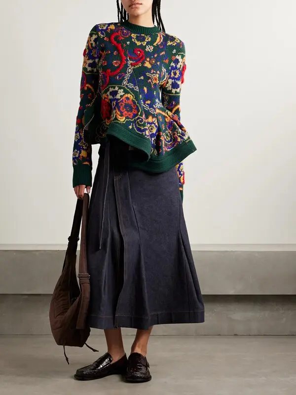 Sacai Draped Embroidered Jacquard-knit Wool Sweater