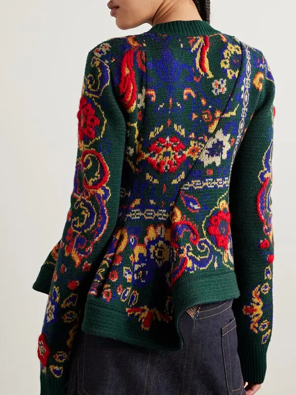 Sacai Draped Embroidered Jacquard-knit Wool Sweater