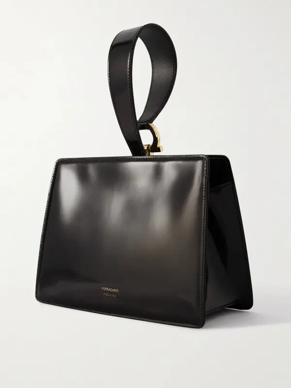 FERRAGAMO Mini Embellished Glossed-leather Clutch - Black