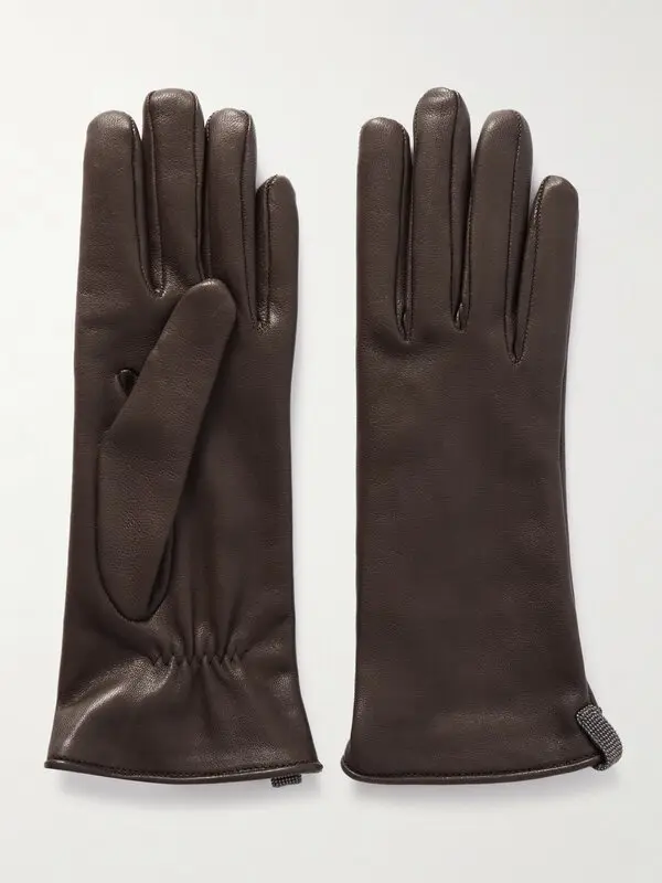 Brunello Cucinelli Bead-embellished Leather Gloves - Brown