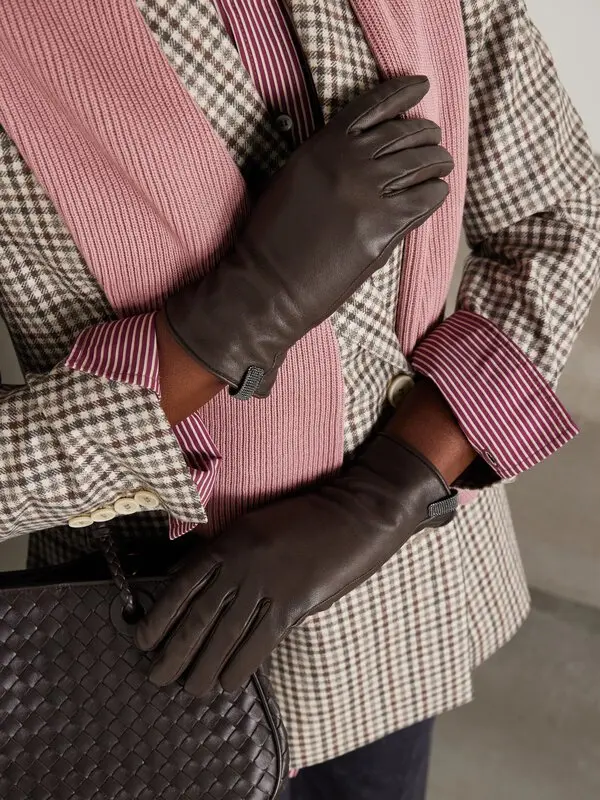 Brunello Cucinelli Bead-embellished Leather Gloves - Brown