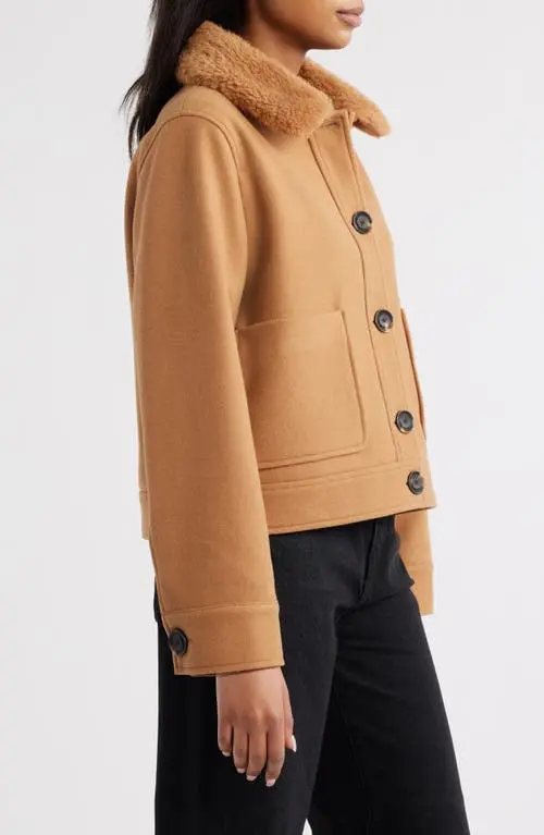 Sam Edelman Crop Jacket With Faux Shearling Collar - Camel