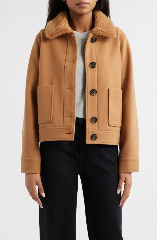 Sam Edelman Crop Jacket With Faux Shearling Collar - Camel