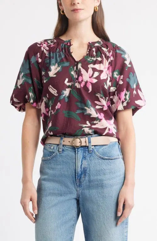 Caslon Puff Sleeve Floral Top - Burgundy- Pink Lucy Floral