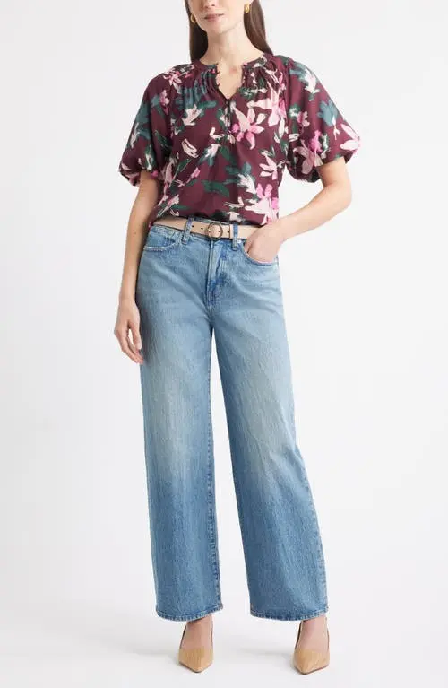 Caslon Puff Sleeve Floral Top - Burgundy- Pink Lucy Floral