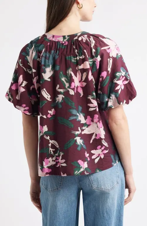 Caslon Puff Sleeve Floral Top - Burgundy- Pink Lucy Floral