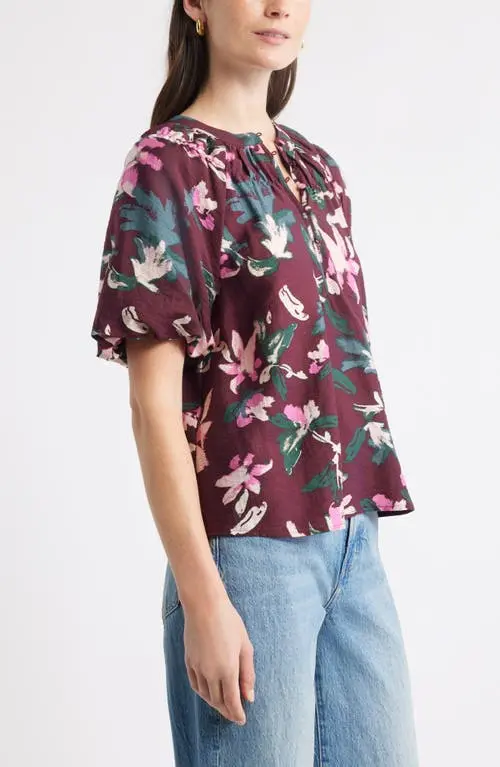 Caslon Puff Sleeve Floral Top - Burgundy- Pink Lucy Floral