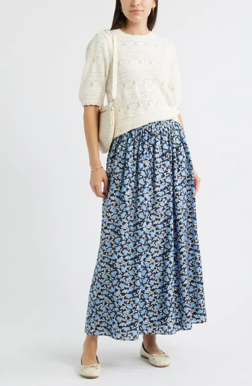 Caslon Printed Pleated Maxi Skirt - Navy- Blue Lindy Floral