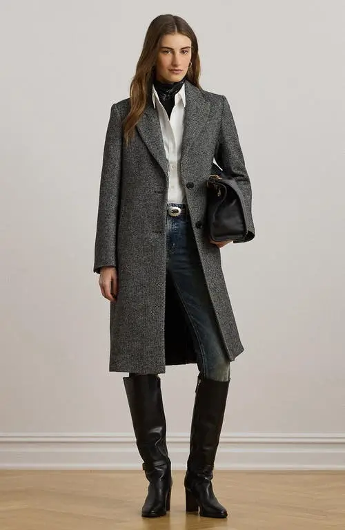 Ralph Lauren Wool Blend Tweed Coat - Black/cream