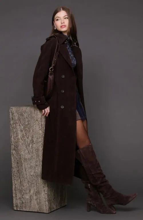 Avec Les Filles Double-breasted Faux Suede Trench Coat - Chocolate