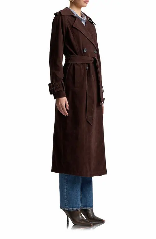 Avec Les Filles Double-breasted Faux Suede Trench Coat - Chocolate