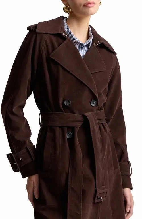 Avec Les Filles Double-breasted Faux Suede Trench Coat - Chocolate