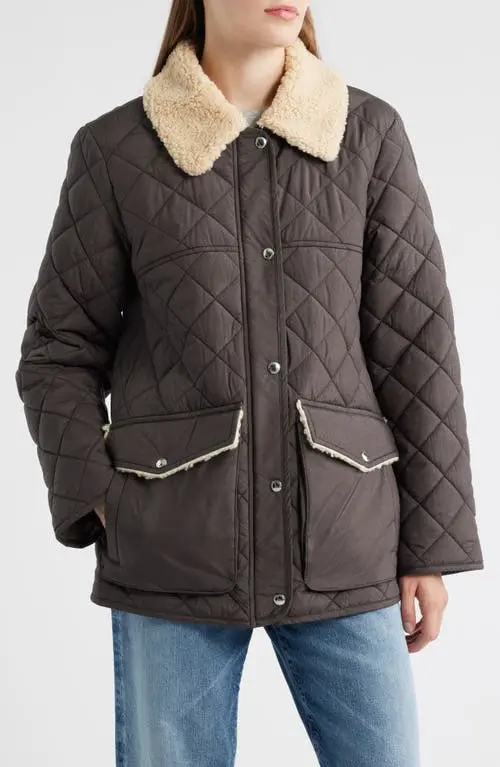 Sam Edelman Quilted Twill Jacket With Faux Shearling Collar - Brown/black Denim