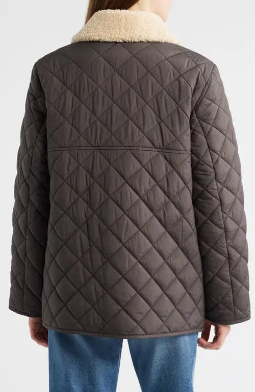 Sam Edelman Quilted Twill Jacket With Faux Shearling Collar - Brown/black Denim