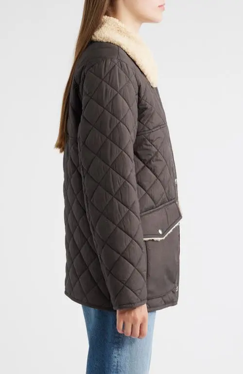 Sam Edelman Quilted Twill Jacket With Faux Shearling Collar - Brown/black Denim