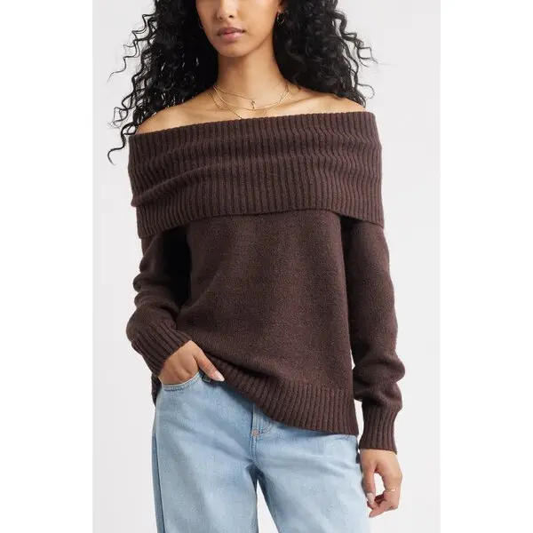 Bp. Off-the-shoulder Sweater - Brown Coffee