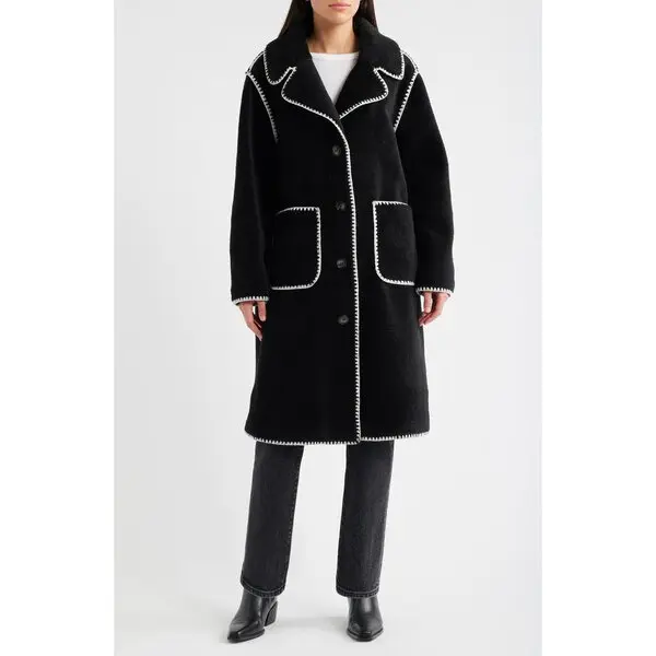 Bernardo Blanket Stitch Fleece Coat - Black/white