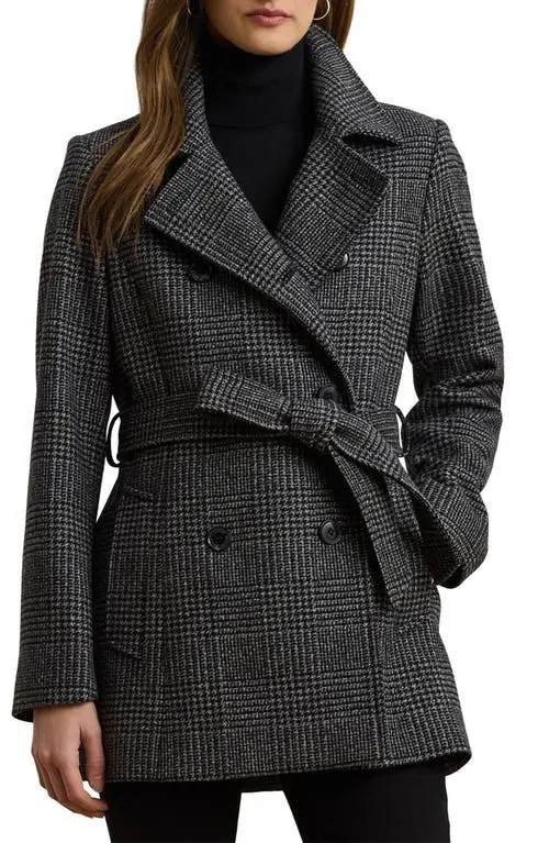 Ralph Lauren Belted Double Breasted Wool Blend Coat - Black/grey Plaid
