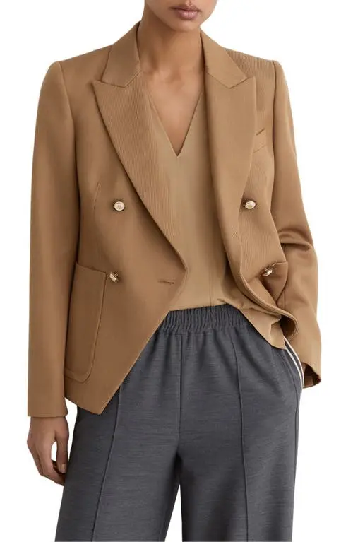 REISS Gigi Double Breasted Twill Blazer - Camel