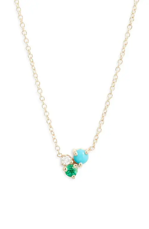 Zoe Chicco 14k Gold Mixed Stone & Diamond Clustered Pendant Necklace - Turquoise/emerald/diamond/gold
