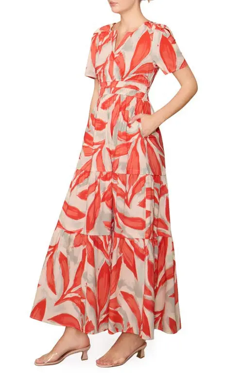 MELLODAY Short Sleeve Tiered Maxi Dress - Bone Camelia Leaf