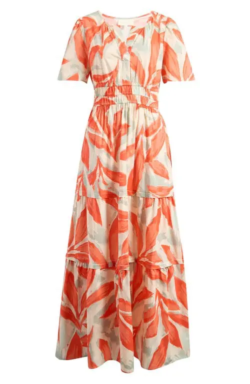 MELLODAY Short Sleeve Tiered Maxi Dress - Bone Camelia Leaf