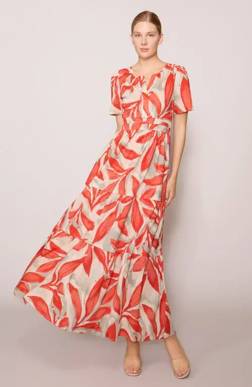 MELLODAY Short Sleeve Tiered Maxi Dress - Bone Camelia Leaf