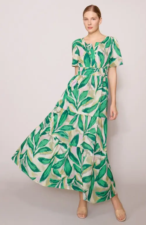 MELLODAY Short Sleeve Tiered Maxi Dress - Multi Green Leaf