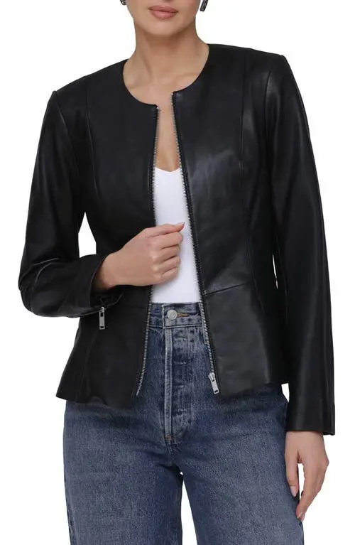 Bagatelle Genuine Leather Zip Front Peplum Jacket - Black
