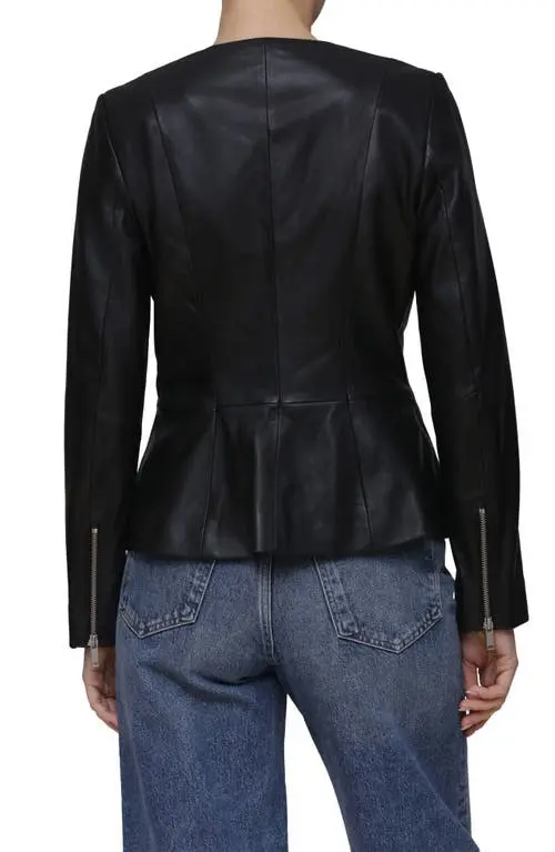 Bagatelle Genuine Leather Zip Front Peplum Jacket - Black