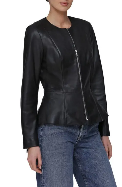 Bagatelle Genuine Leather Zip Front Peplum Jacket - Black