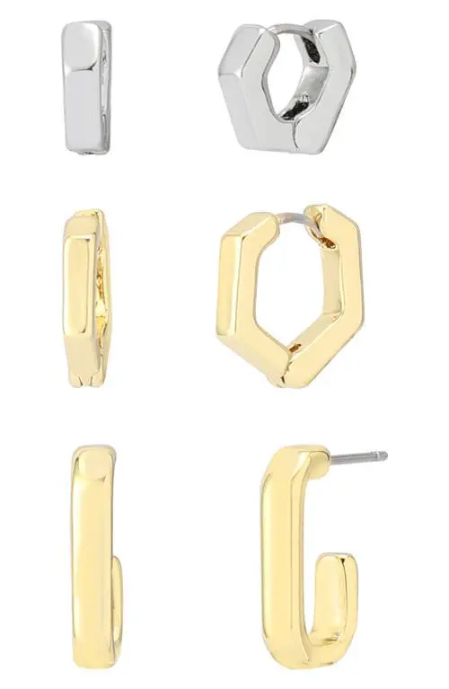 ALLSAINTS Set Of 3 Two-tone Geometric Huggie Hoop Earrings - Gold/rhodium