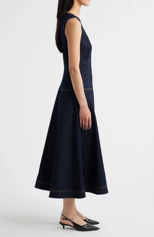 Zoe And Claire Sleeveless A-Line Midi Denim Dress In Denim Blue - 50% Off |  Editorialist