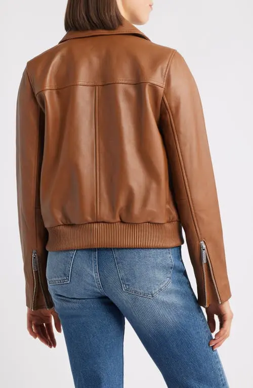 Michael Kors Moto Leather Bomber Jacket - Cognac