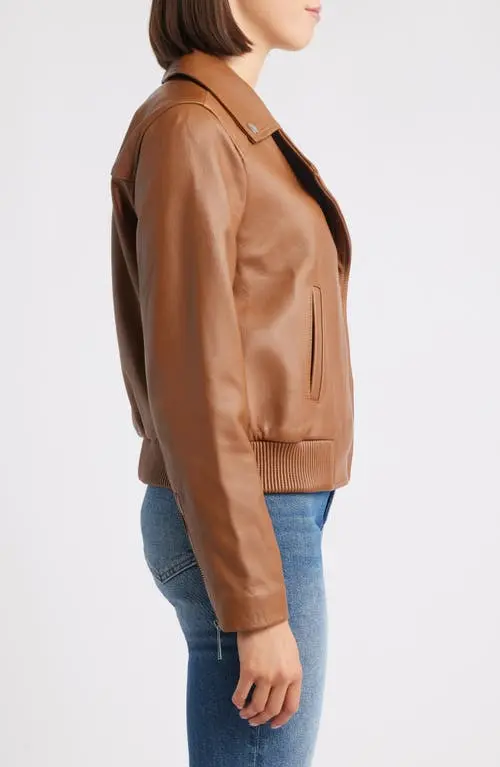 Michael Kors Moto Leather Bomber Jacket - Cognac