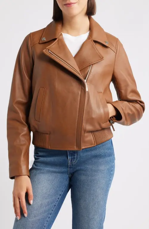Michael Kors Moto Leather Bomber Jacket - Cognac