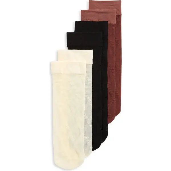Nordstrom 3-pack Diamond Ankle Socks - Black- Ivory- Brown