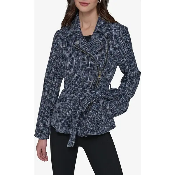 Karl Lagerfeld Paris Belted Tweed Moto Jacket