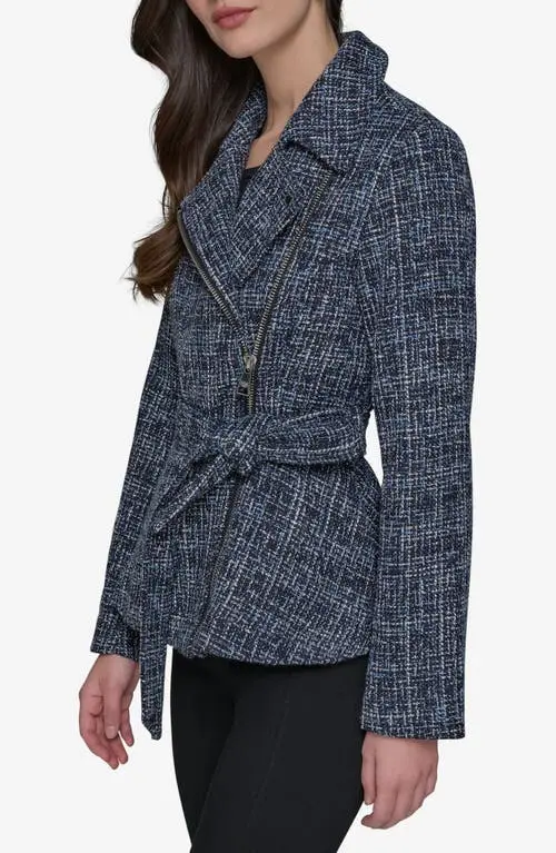 Karl Lagerfeld Paris Belted Tweed Moto Jacket