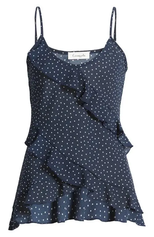 Loveappella Polka Dot Ruffle Camisole - Navy