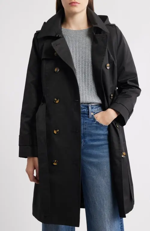 London Fog Double-breasted Trench Coat With Removable Hood - Black