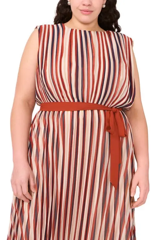 Halogen Brandy Street Stripe Pleated Belted Midi Dress