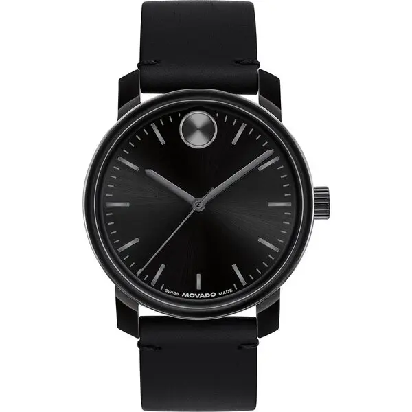 Movado Bold Access Leather Strap Watch - Black Dial