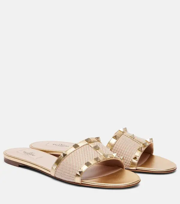Valentino Garavani Rockstud Leather-trimmed Slides - Neutrals